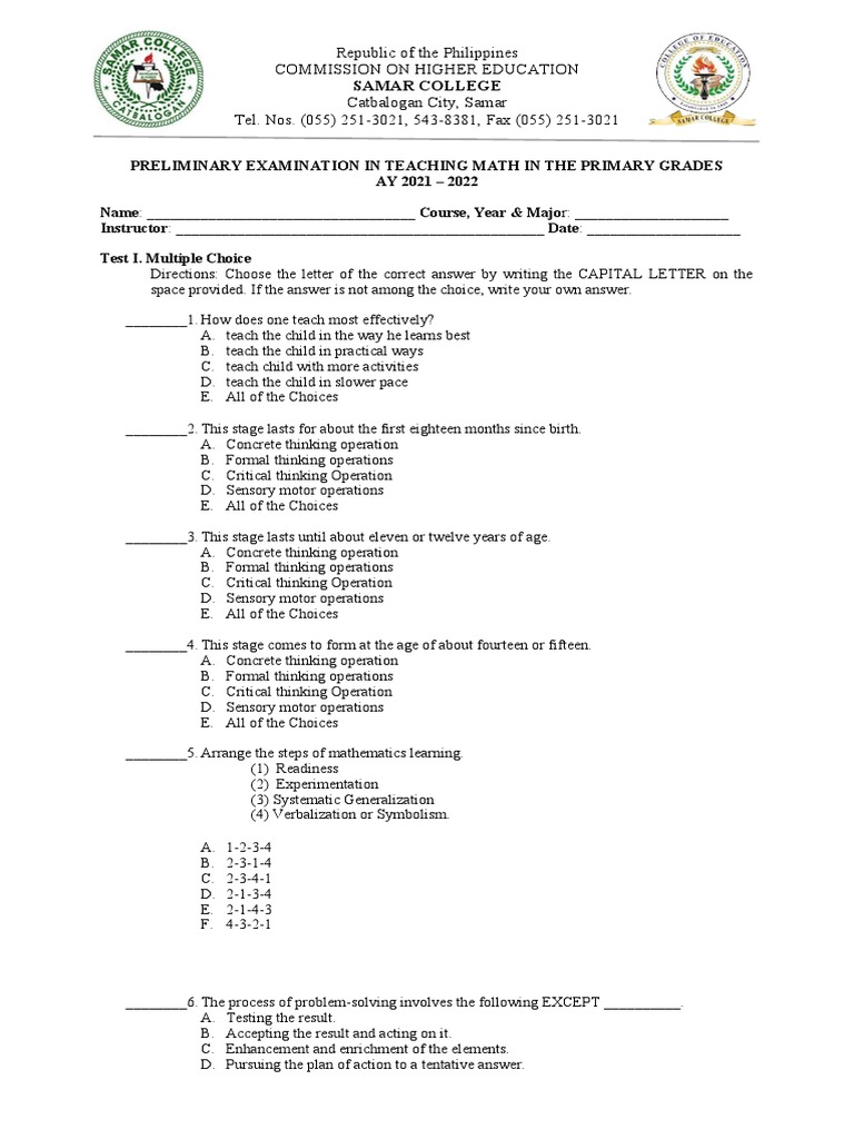 Prelim in Teaching Math in The Primary Grades | PDF | Teaching ...