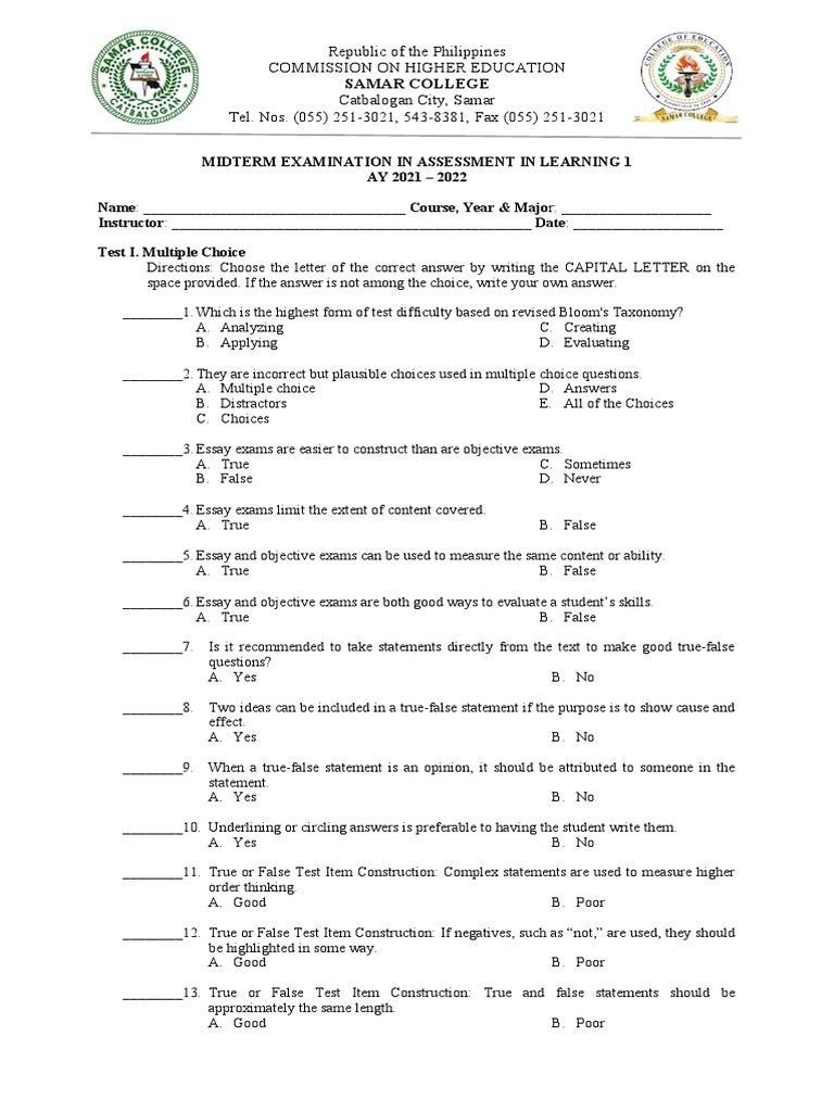 Midterm in Assessment in Learning 1 | PDF | Test (Assessment ...