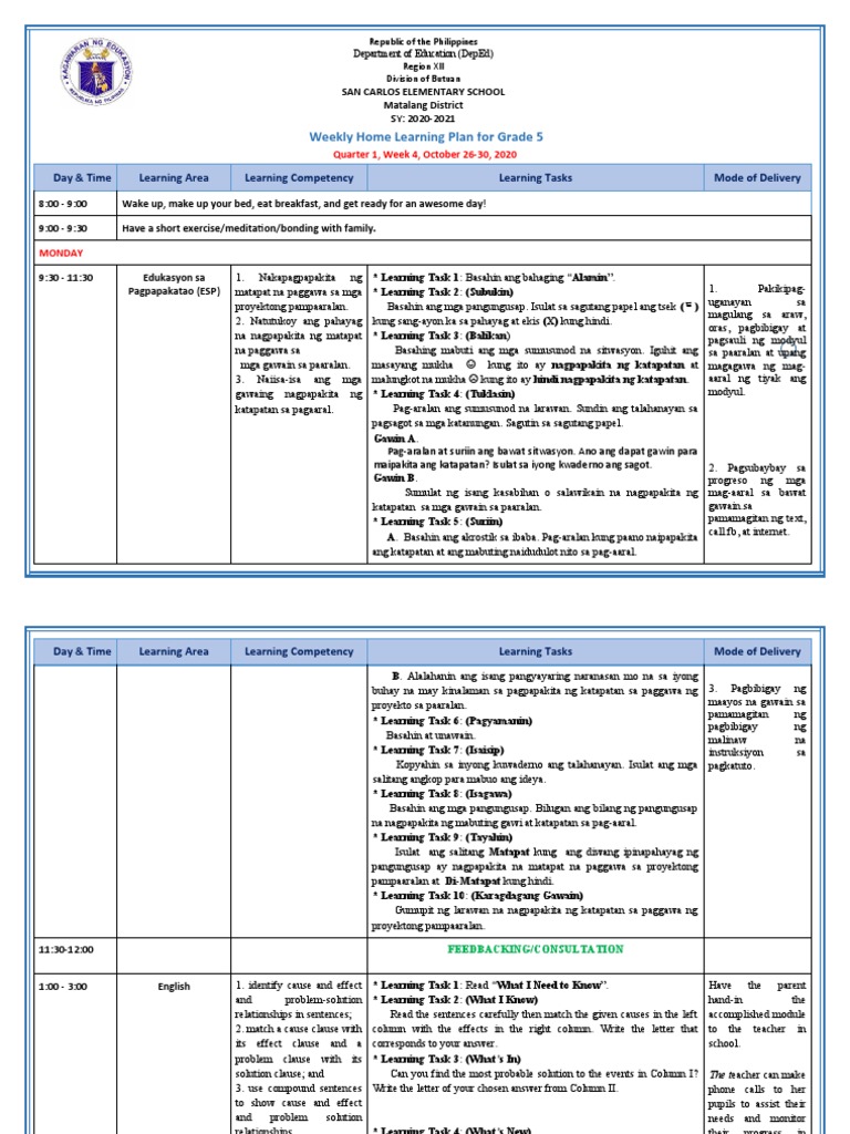 WHLP Grade 5 Q1 W4 All Subjects | PDF