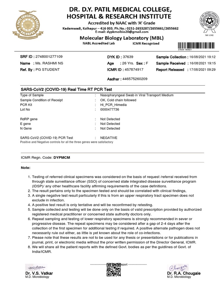 COVID-19 PCR Test Result for Rashmi NS | PDF | Physician | Health Sciences