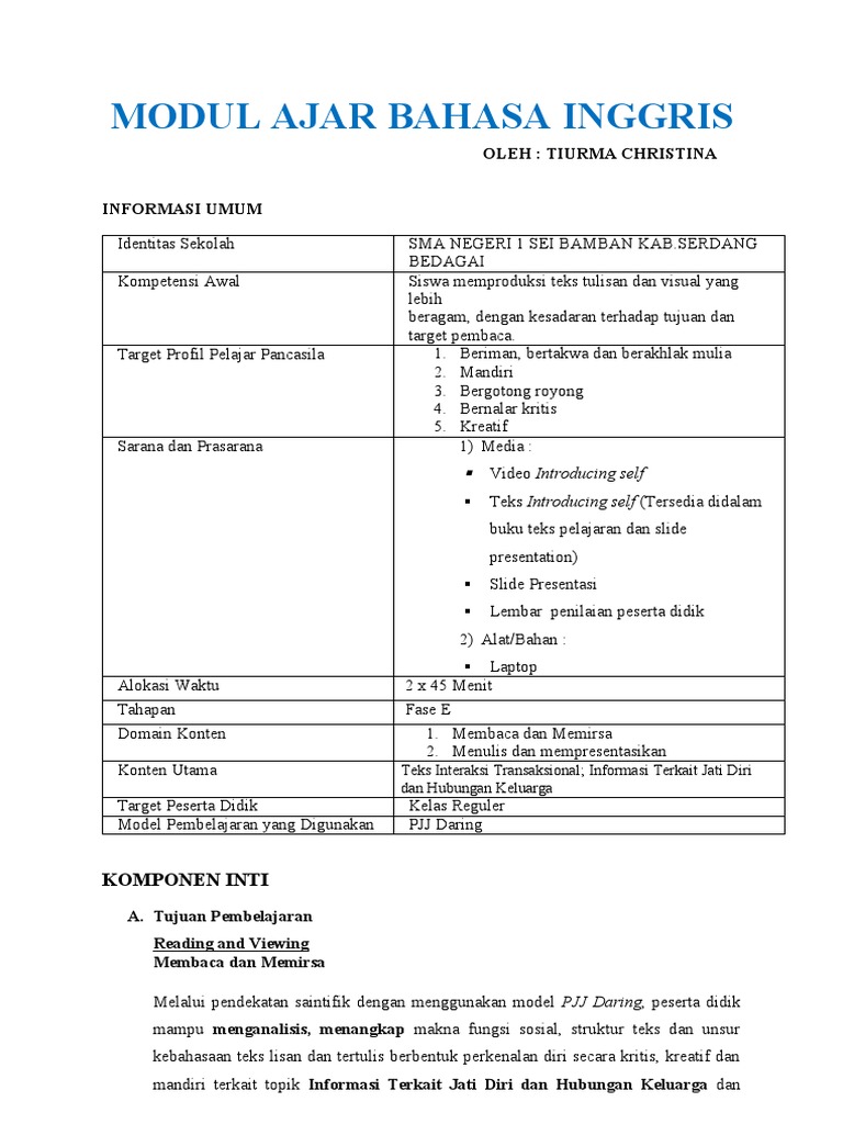 Modul Ajar Introducing Self | PDF