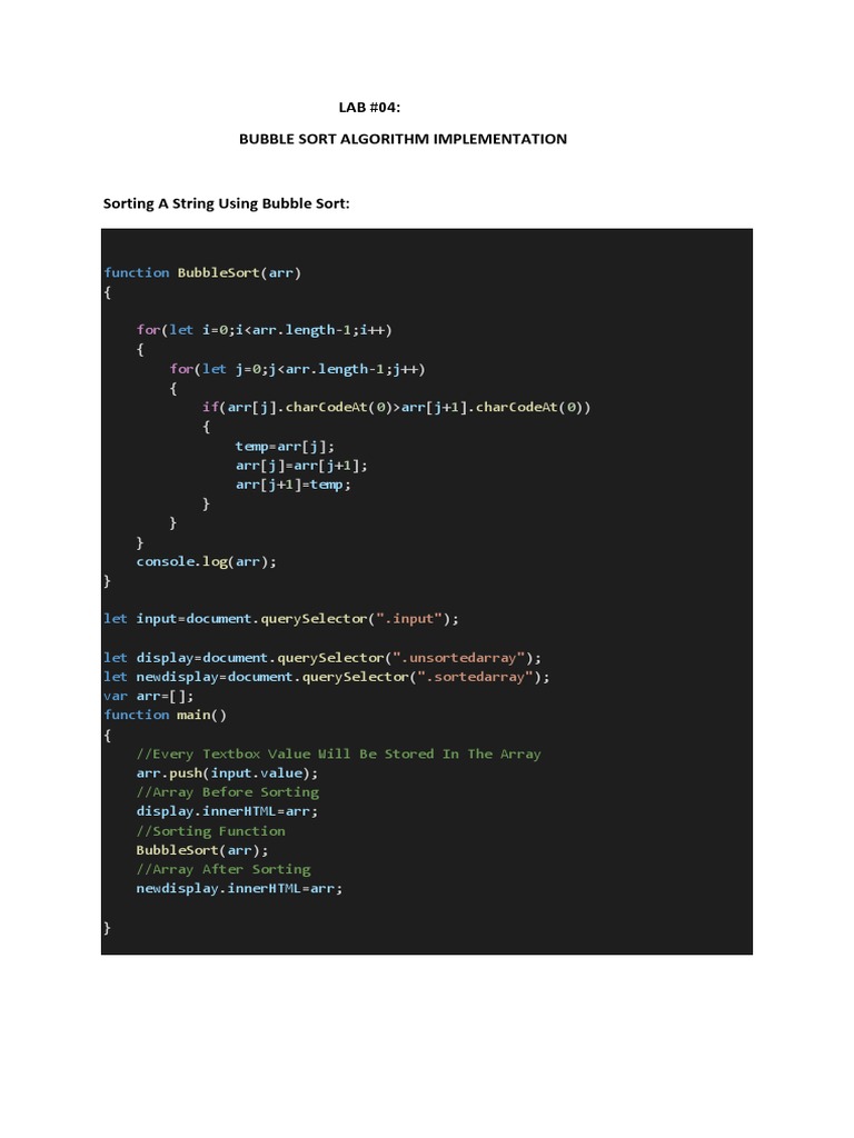 Lab #04: Bubble Sort Algorithm Implementation: Bubblesort | PDF