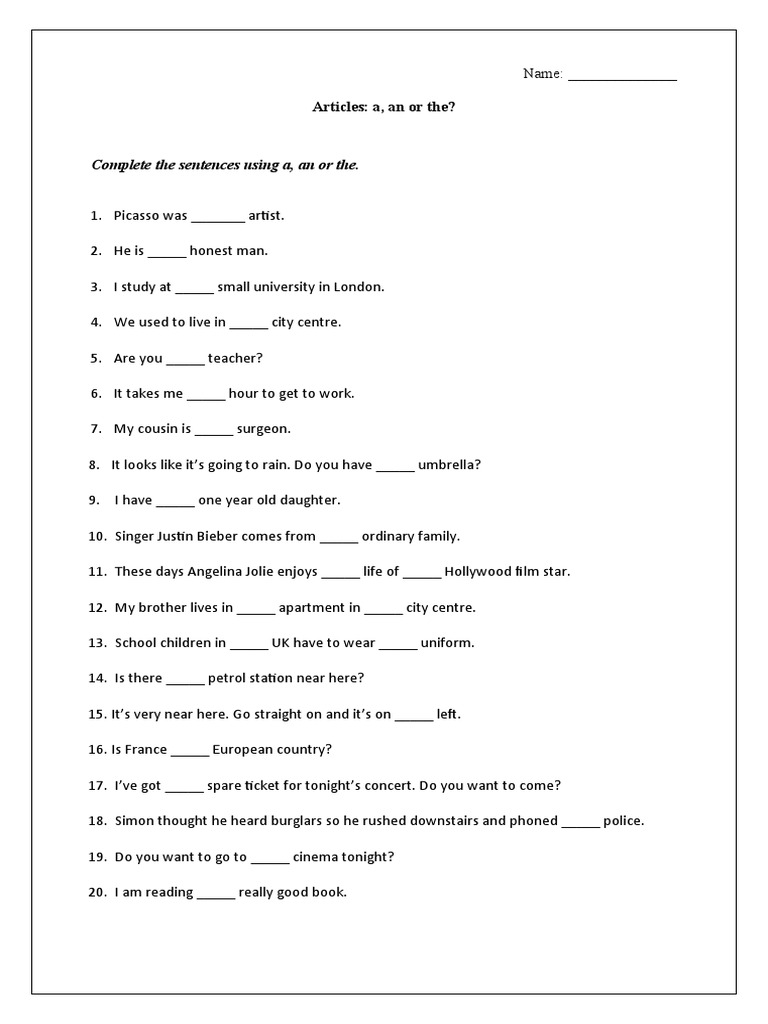 Articles Worksheet A An The Includes Answers Grammar Drills Oneonone ...