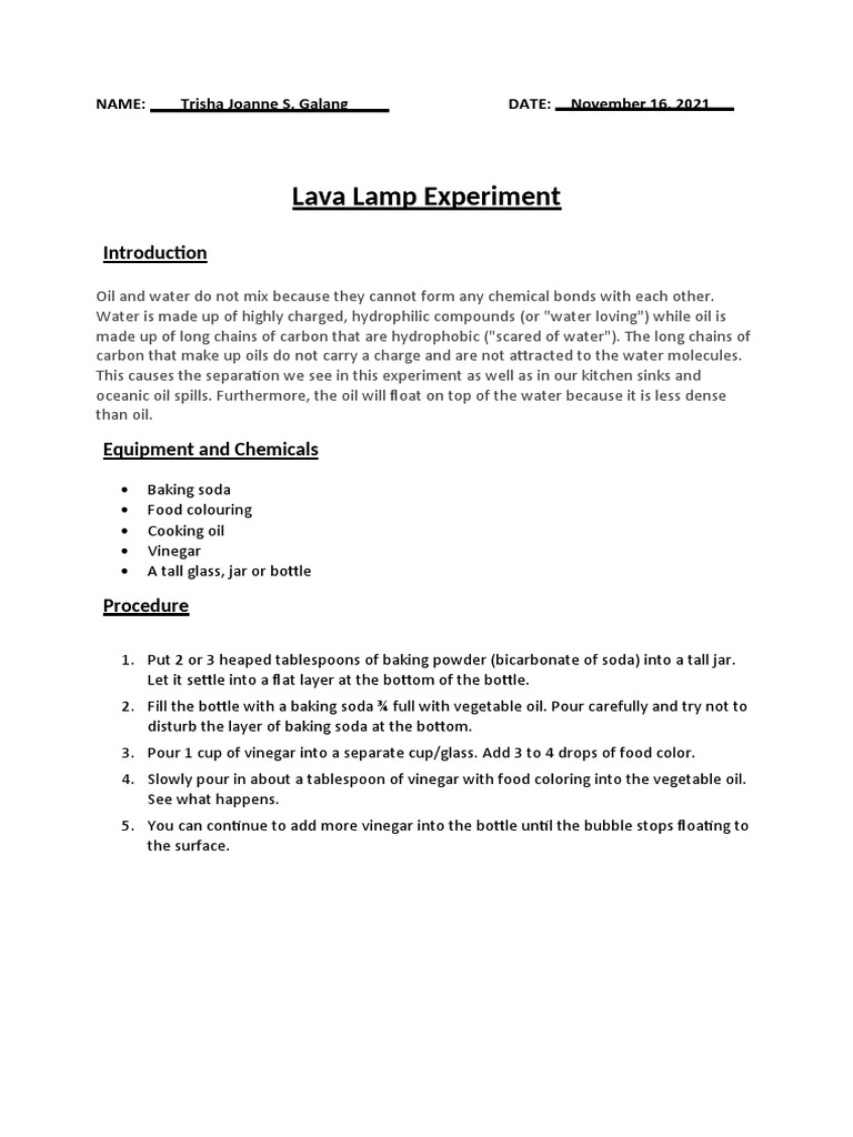Lava Lamp Experiment: NAME: Trisha Joanne S. Galang DATE: November 16 ...