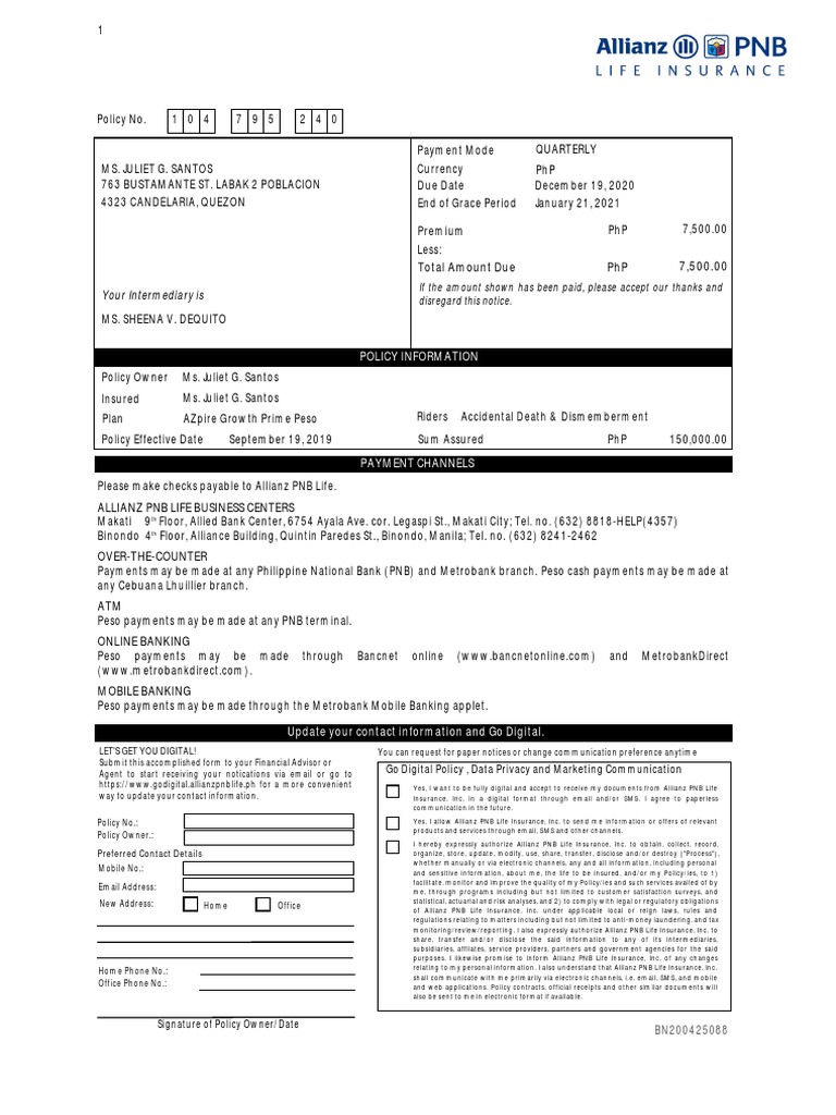 Total Amount Due 7,500.00 PHP: Your Intermediary Is | PDF | Insurance ...