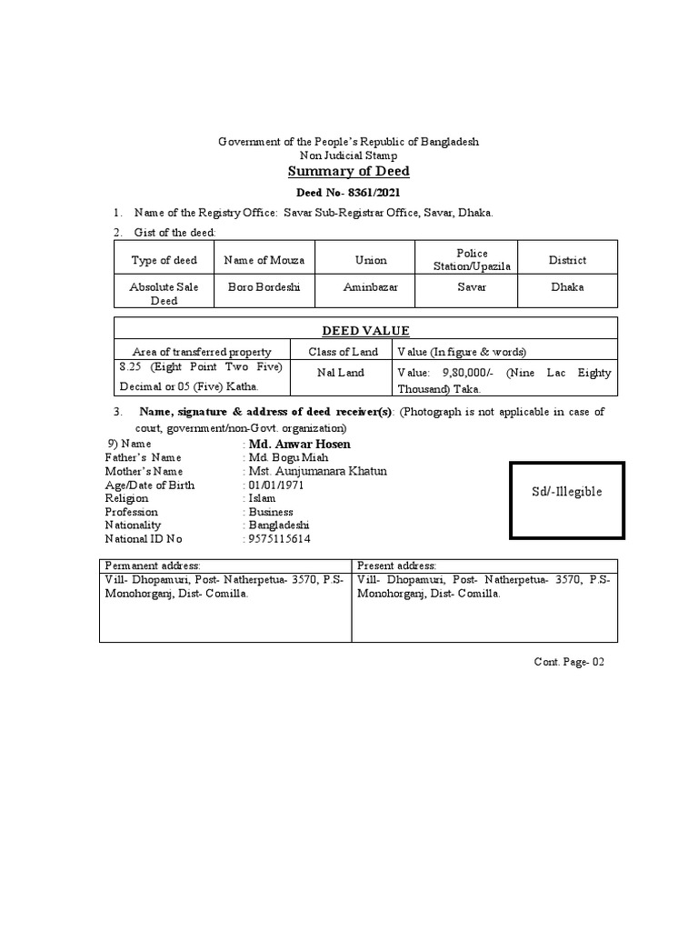 Deed No - 8361 Summary | PDF | Bangladesh