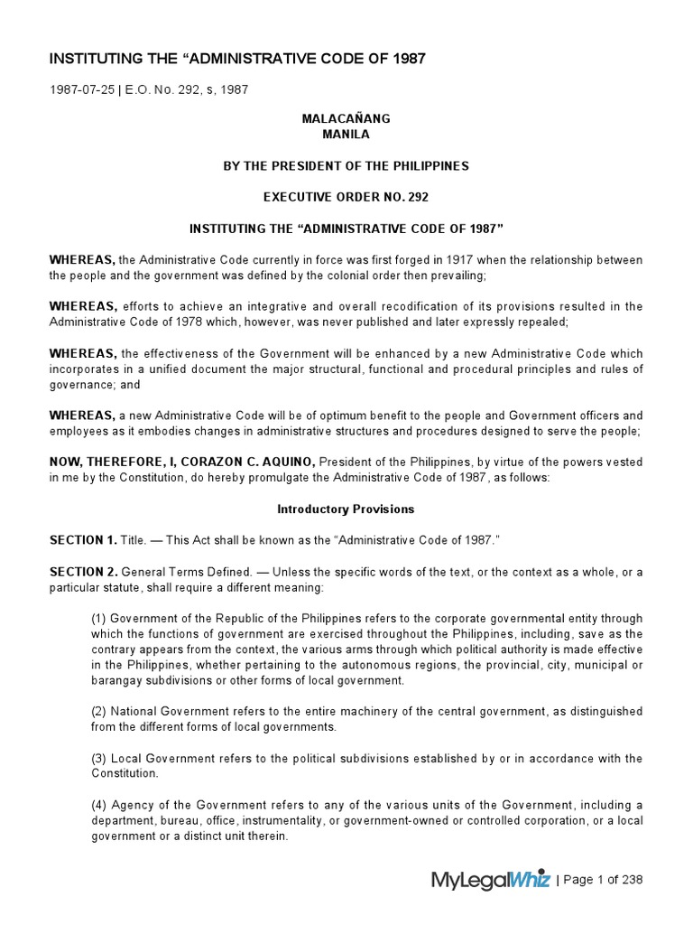 Executive Order No 292 (Administrative Code of 1987) | PDF | Oath Of ...