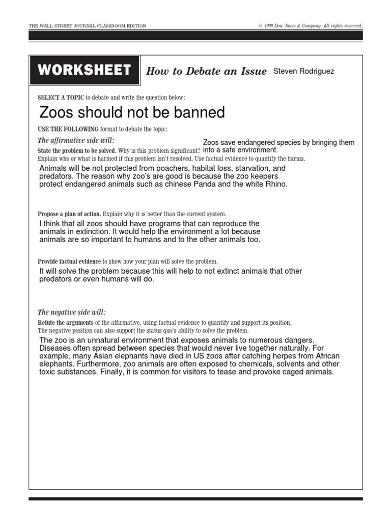 Zoos Should Not Be Banned: Worksheet | PDF