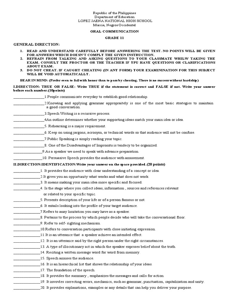 Grade 11 Oral Communication Exam Guide | PDF | Test (Assessment ...