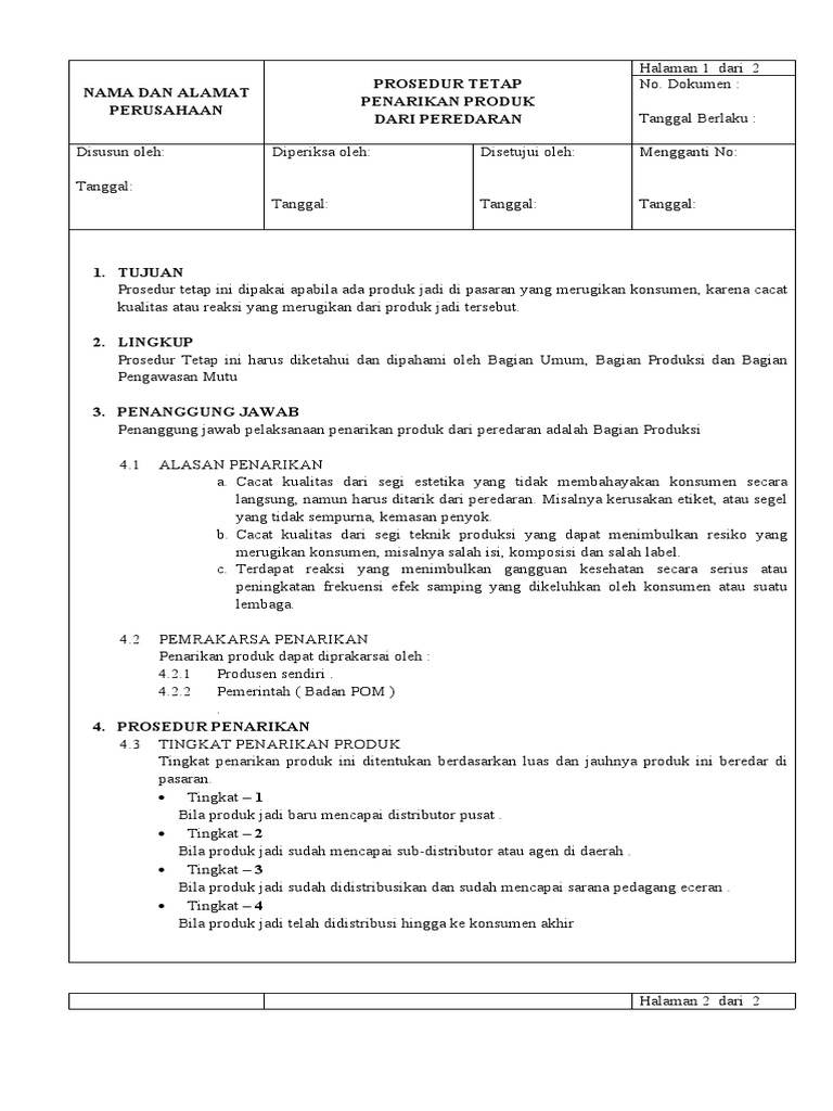 Contoh Protap Penarikan Produk | PDF