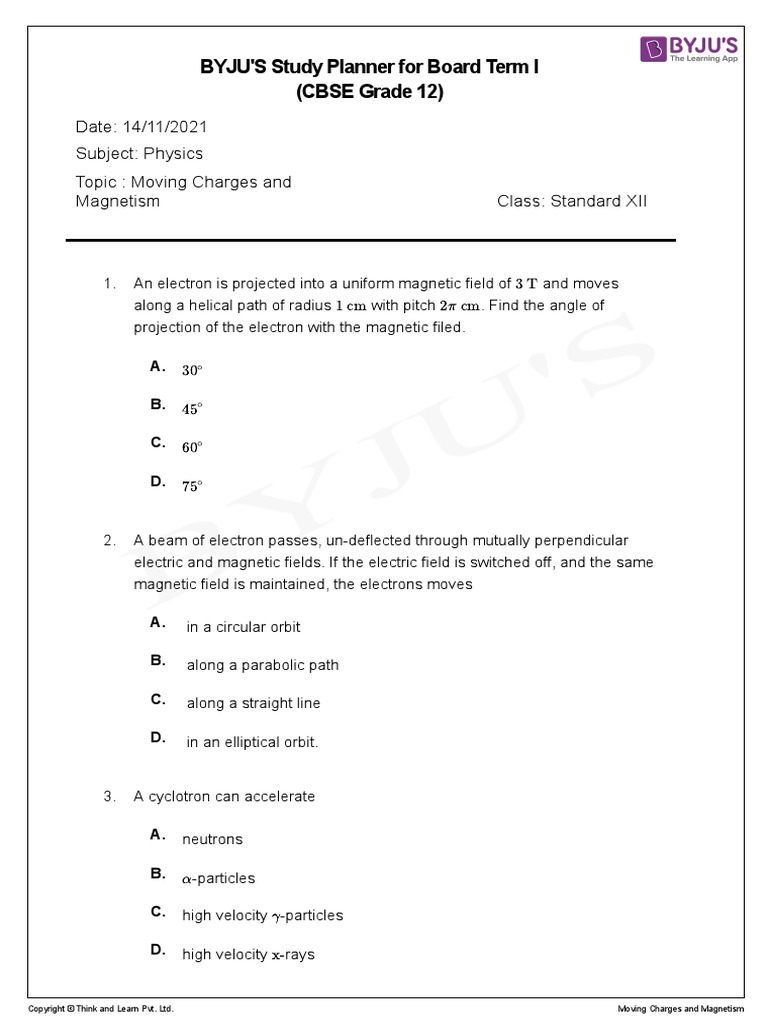 CBSE Class 12 Physics Moving Charges and Magnetism Practice Questions | PDF