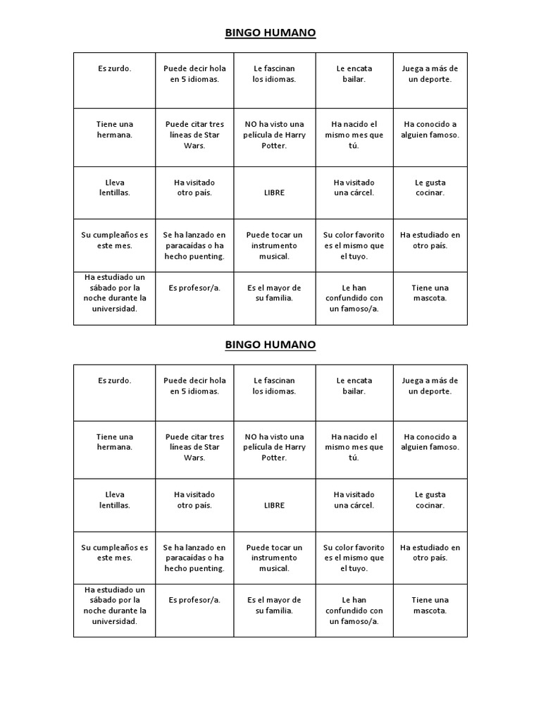 Bingo Humano: Actividades y Aficiones Diversas | PDF | Artes del ...