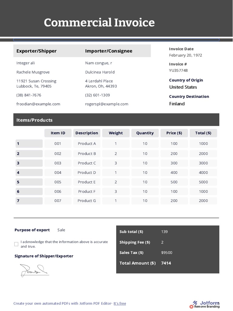 Commercial Invoice: Exporter/Shipper Importer/Consignee | PDF ...