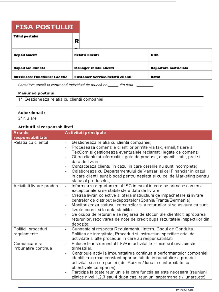 Fisa Postului Analist Servicii Client | PDF
