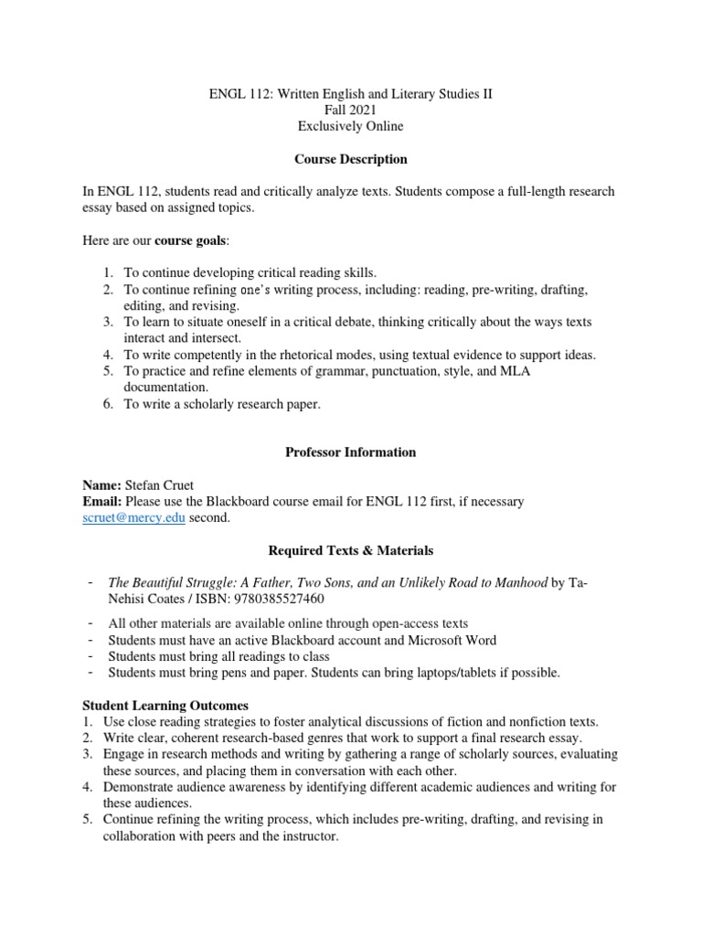 ENGL 112 Syllabus (Fall 2021) | PDF | Essays | Disability