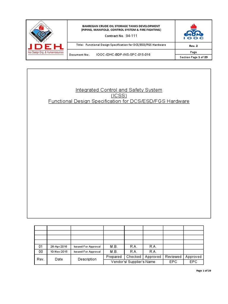 Functional Design Specification for an Integrated Distributed Control System for the Bahregan ...