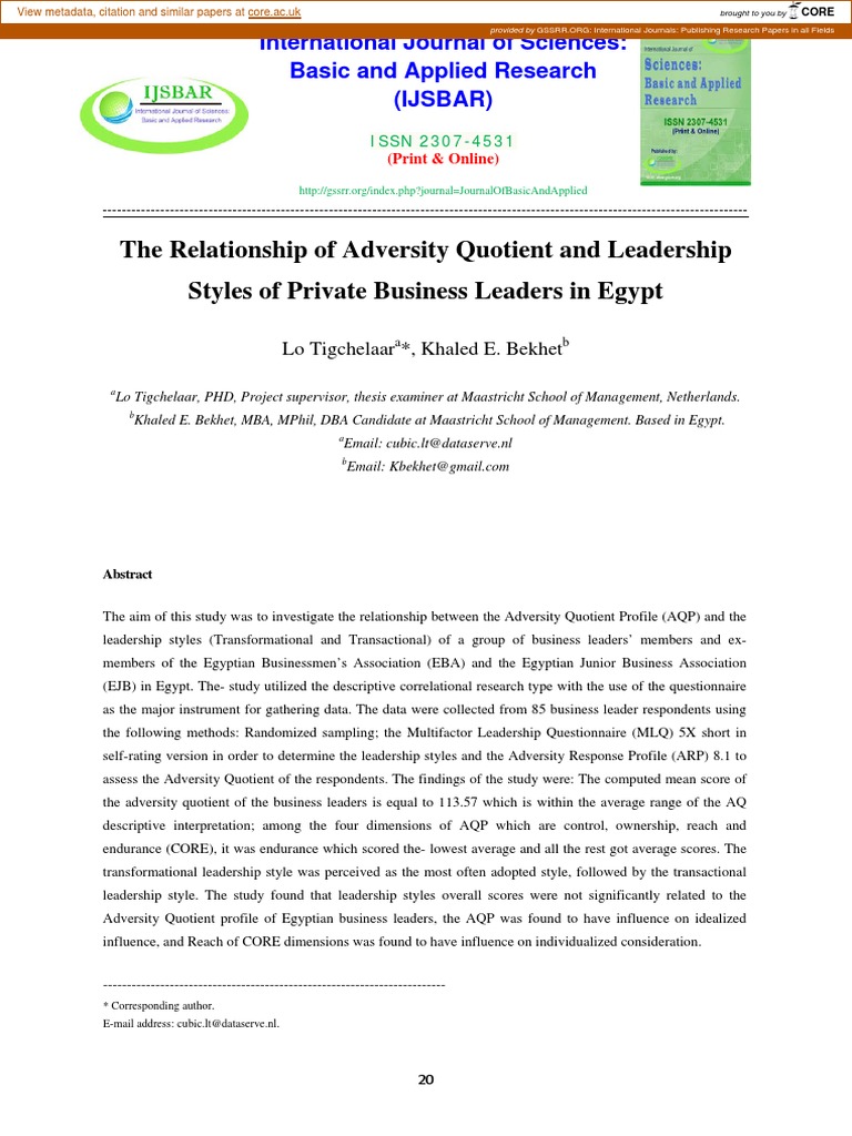 The Relationship of Adversity Quotient and Leadership | PDF | Leadership | Transformational ...