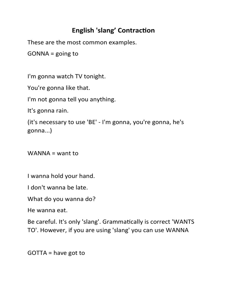 Common English Slang Contractions | PDF | Linguistics