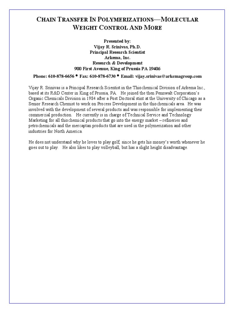 Mercaptans As Chain Transfer Agents - Arkema | PDF | Polymers ...