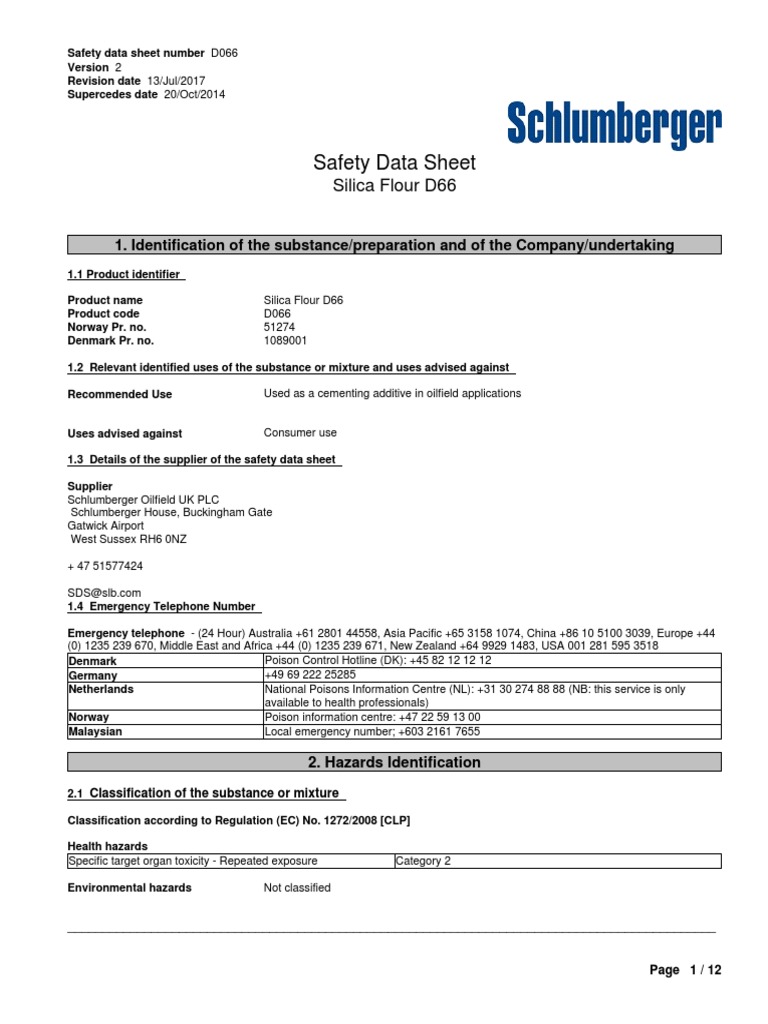 Safety Data Sheet: Silica Flour D66 | Download Free PDF | Toxicity ...