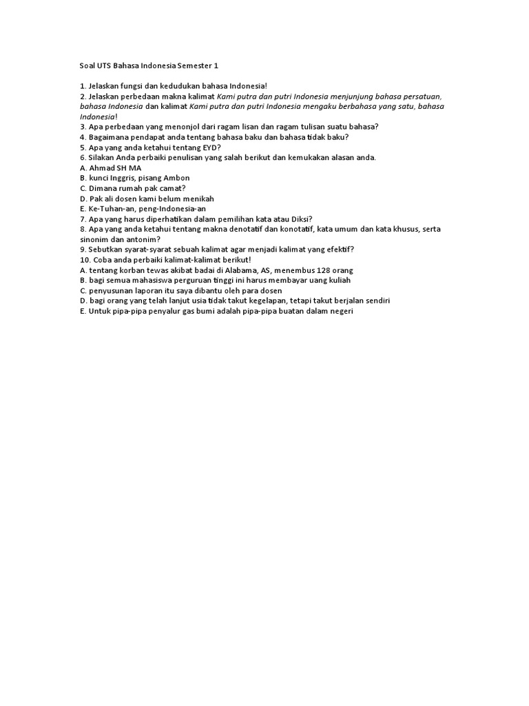Soal UTS Bahasa Indonesia Semester 1 | PDF