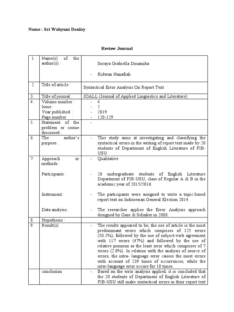 Syntactical Errors in Student Reports | PDF | Linguistics | Cognition