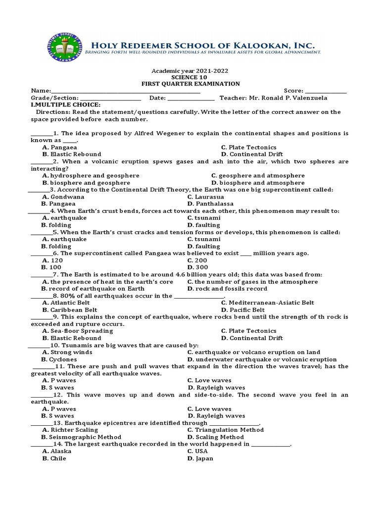Science 10 1st Quarter Exam | PDF | Earthquakes | Plate Tectonics