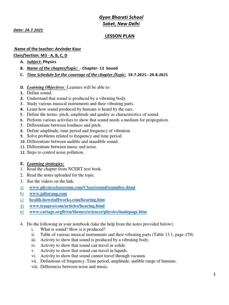 Lesson Plan: Gyan Bharati School Saket, New Delhi | PDF | Sound | Frequency