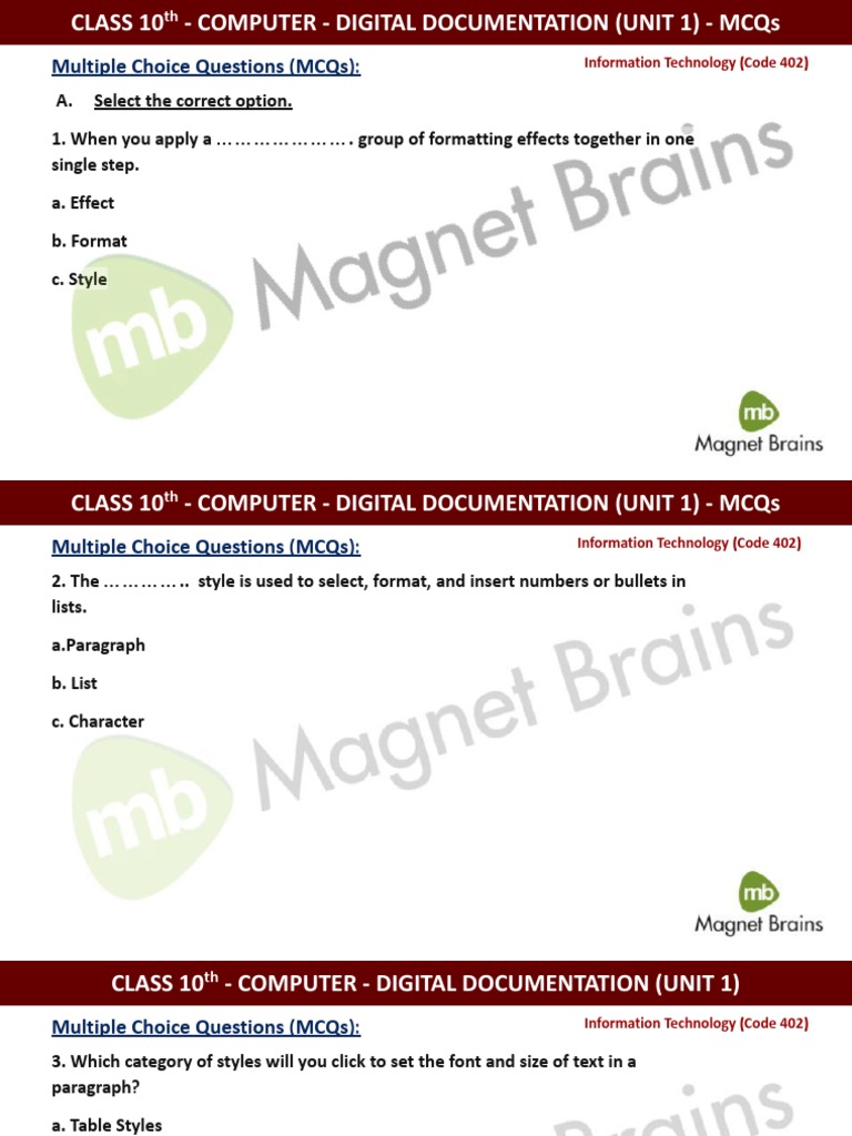 CLASS 10th - COMPUTER - DIGITAL DOCUMENTATION (UNIT 1) | PDF | Document ...