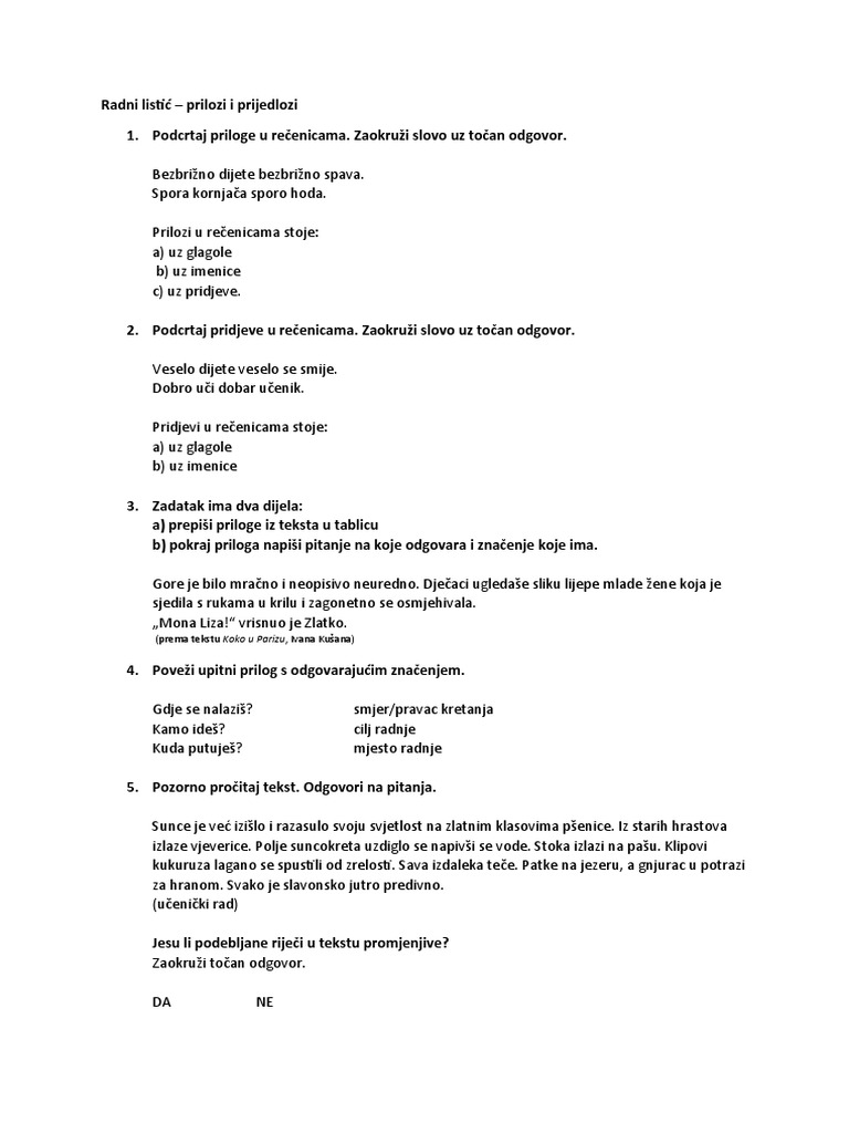 Radni Listić PRILOZI I PRIJEDLOZI | PDF