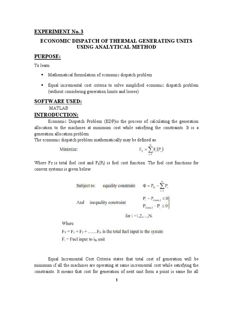 Experiment No. 3 Economic Dispatch of Thermal Generating Units Using ...