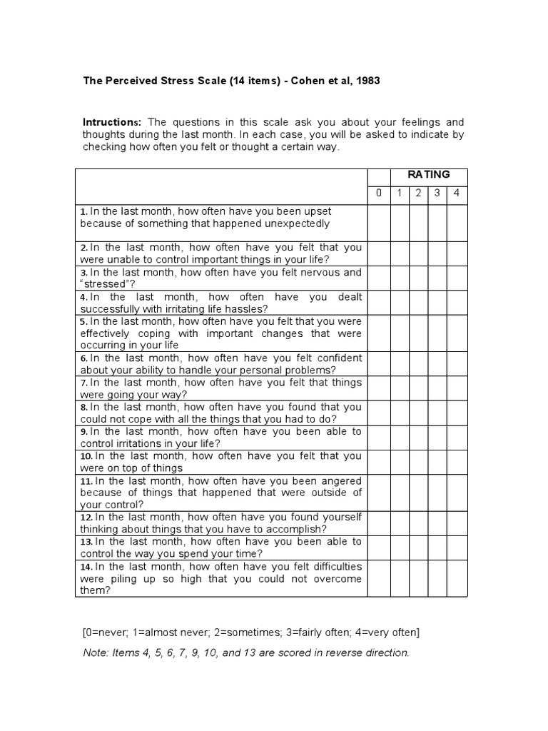 The Perceived Stress Scale (14 Items) - Cohen Et Al, 1983 | PDF ...