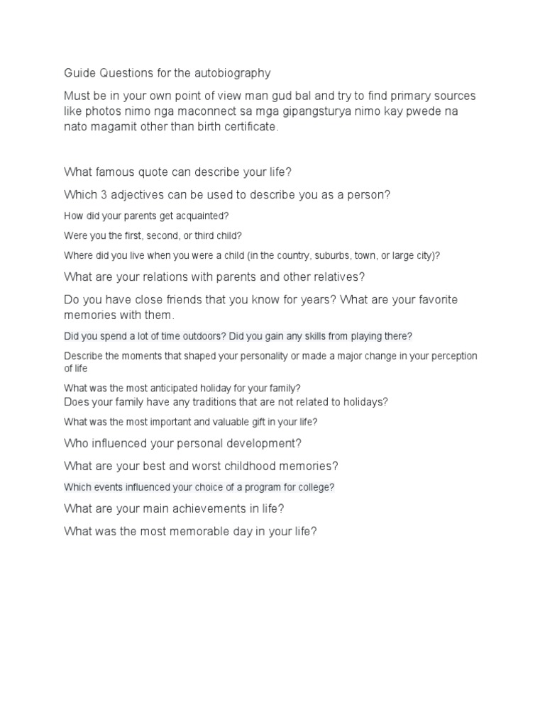 Guide Questions For The Autobiography | PDF