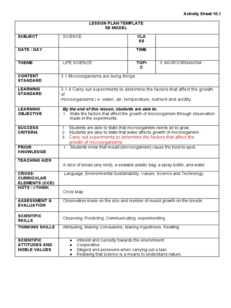 Activity Sheet 10.1 Lesson Plan Template - 5E Model | PDF | Lesson Plan | Science