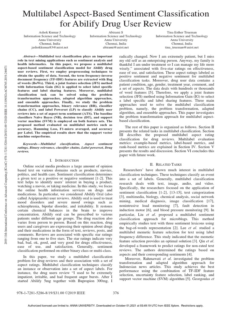 Multilabel Aspect-Based Sentiment Classification For Abilify Drug User Review | PDF ...