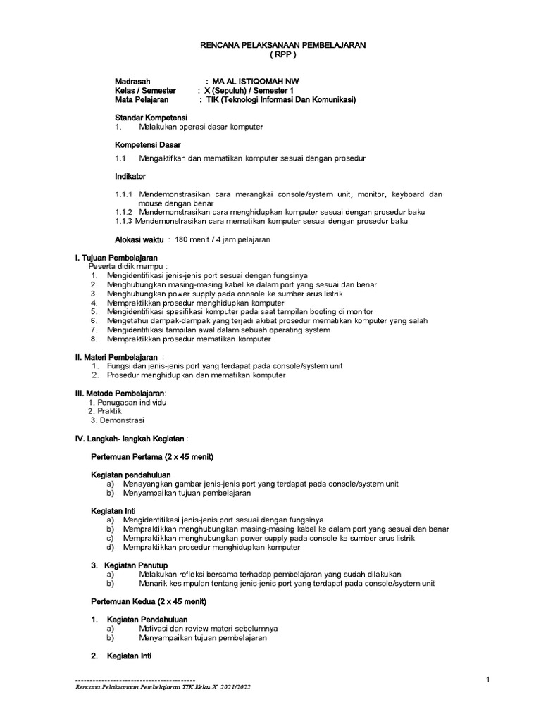 RPP Tik Kelas X Ganjil Full | PDF