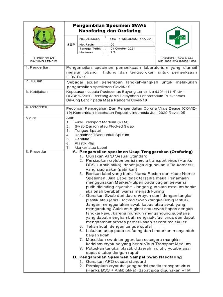 (Sop) Baru Pengambilan Spesimen SWAb Nasofaring Dan Orofaring | PDF