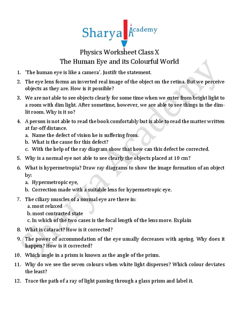 Physics Worksheet Class X The Human Eye and Its Colourful World | PDF ...