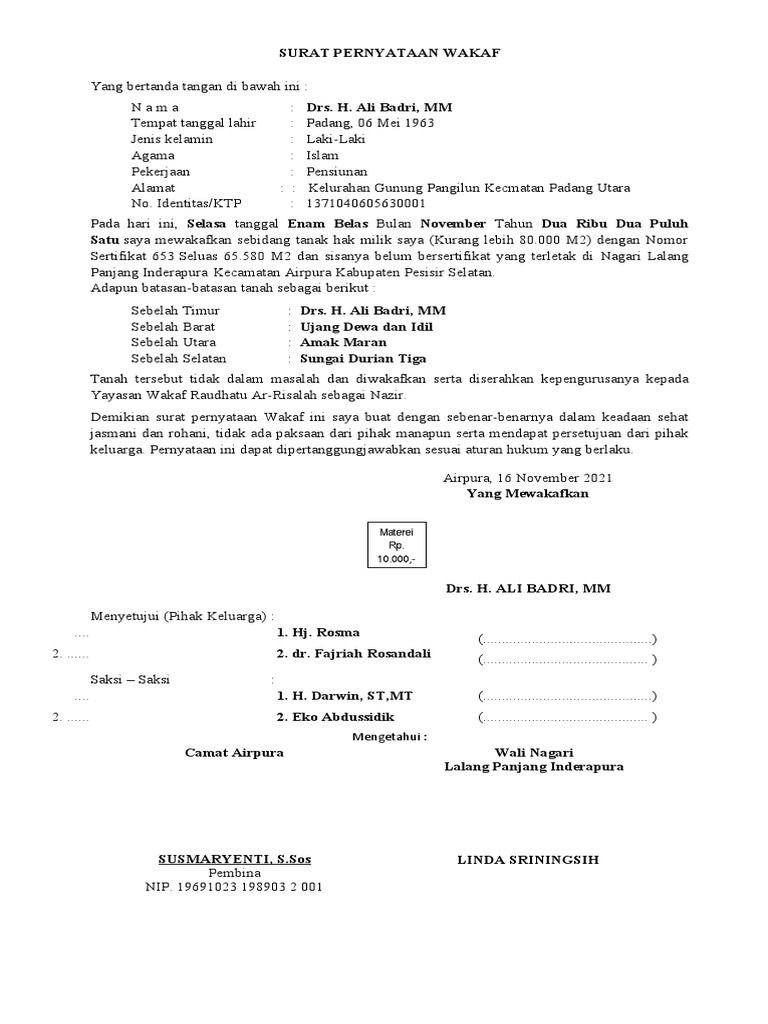 SURAT PERNYATAAN WAKAF TANAH | PDF