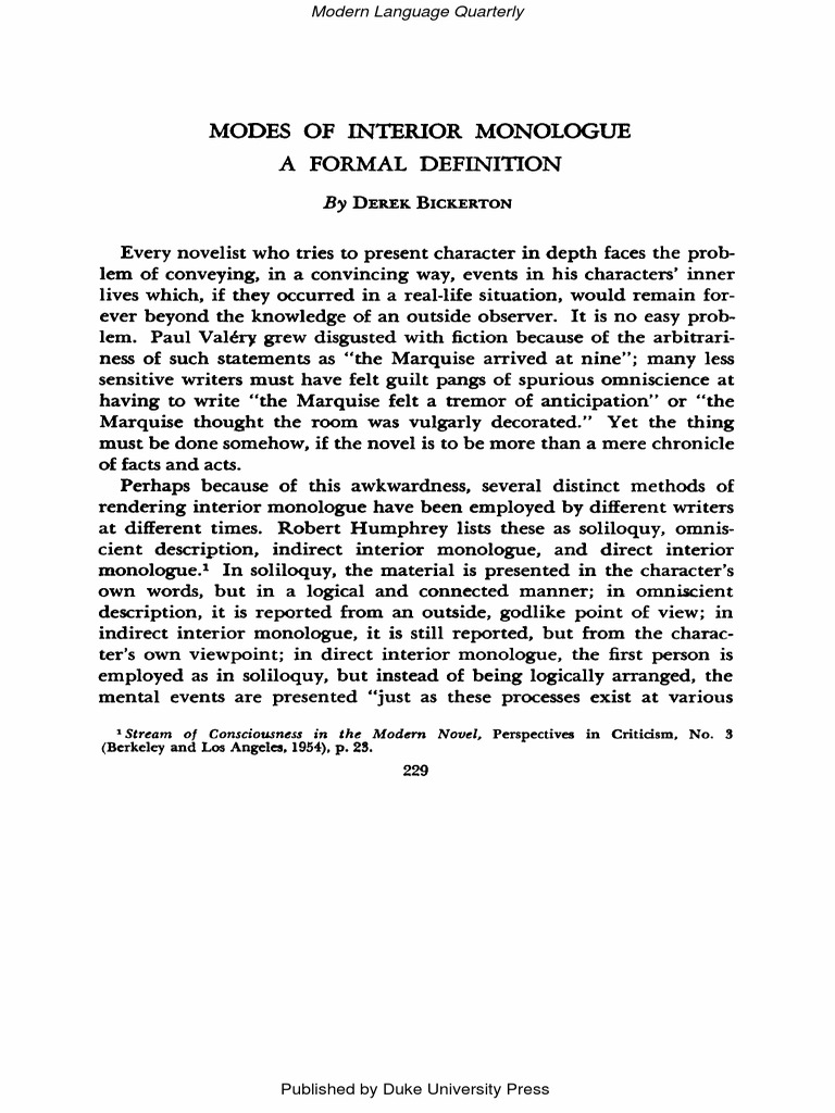 Modes of Interior Monologue. A Formal Difinition. | PDF | Narration ...