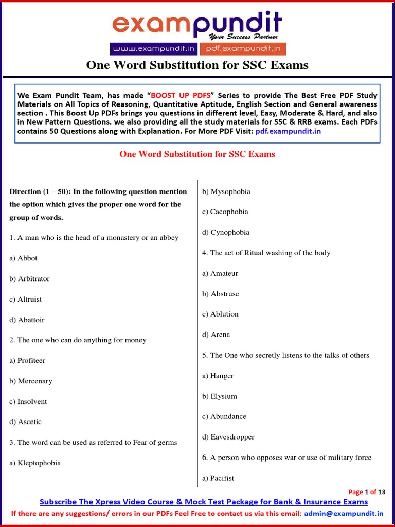 One Word Substitution Questions PDF For SSC Exams | Download Free PDF ...