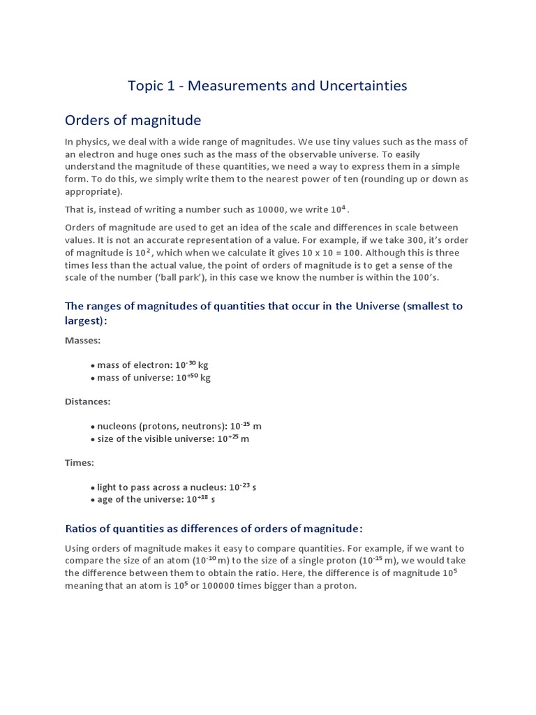 Topic 1 - Measurements and Uncertainties Orders of Magnitude | PDF ...