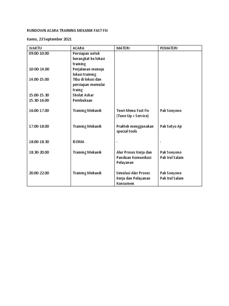 RUNDOWN ACARA TRAINING MEKANIK FAST FIX Sept 2021 | PDF