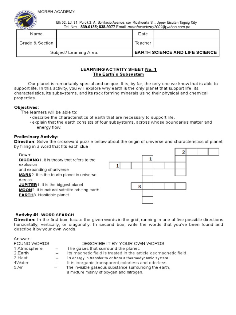 Earth Science Learning Activity Sheet | PDF | Earth | Planets