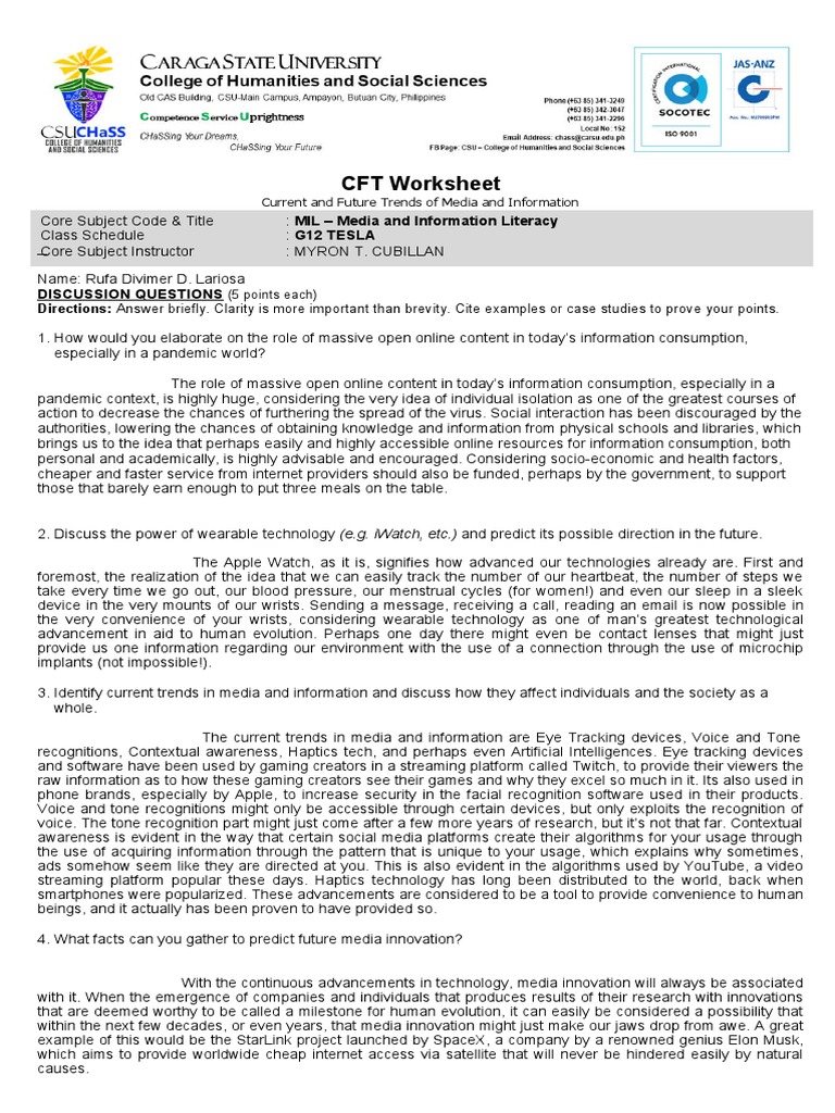 CFT Worksheet: Current and Future Trends of Media and Information | PDF ...