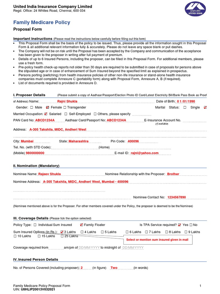 Sample Filled Proposal Form | PDF | Insurance | Identity Document