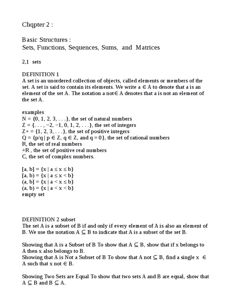 Chqpter 2: Basic Structures: Sets, Functions, Sequences, Sums, and Matrices | PDF | Set ...