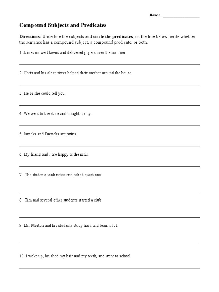 Compound Subjects and Predicates Worksheet#1 G6-T1 | PDF
