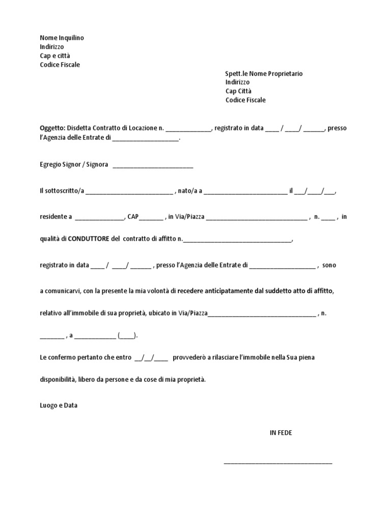 Modulo Recesso Anticipato Contratto Locazione Inquilino | PDF