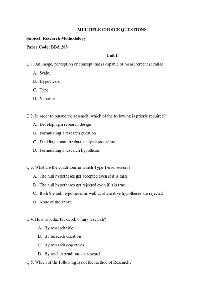Multiple Choice Questions Subject: Research Methodology Paper Code: BBA 206 Unit I | PDF ...